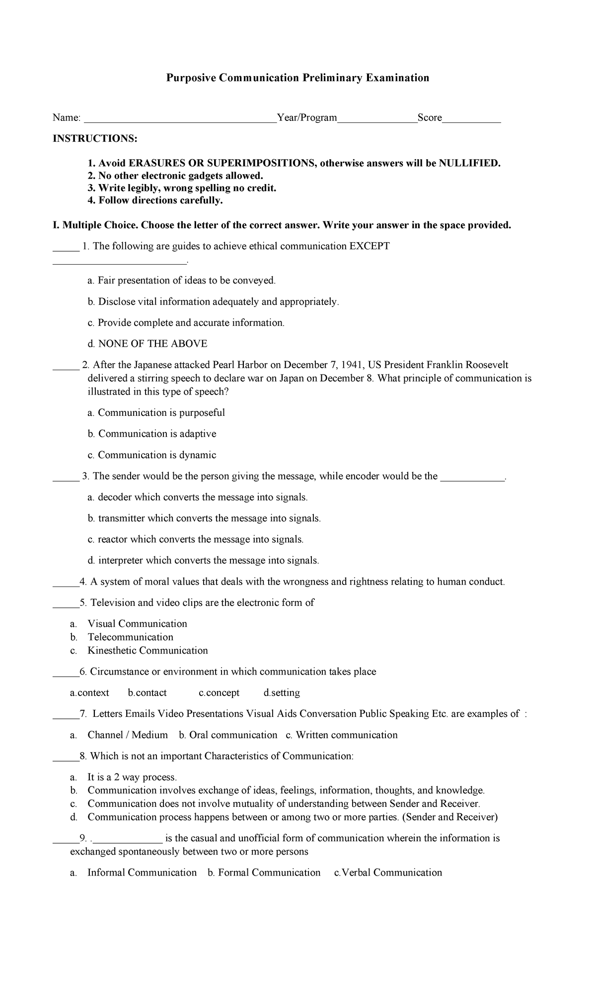 Purposive Communication Summative Test: Assessing Key Concepts and ...