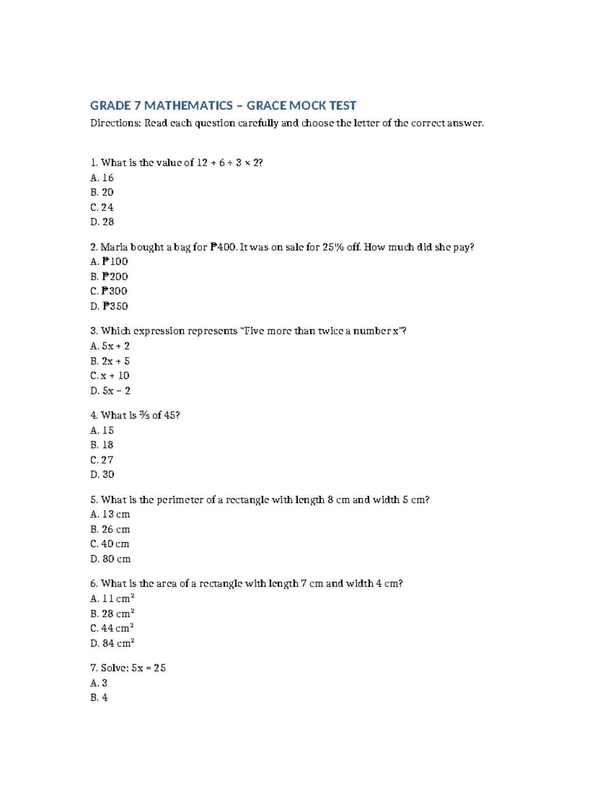 Grade 7 Math Mock Test - Practice Questions and Answers - Studocu
