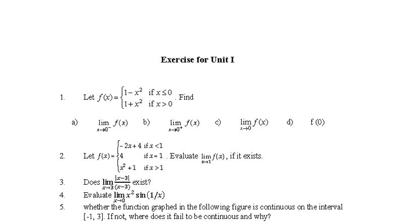 Unit I Calculus Exercises Limits Continuity And Differentiability