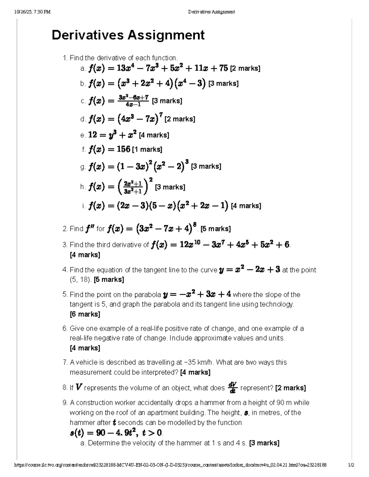 Derivatives Assignment (MATH 101) - Problems & Solutions - Studocu