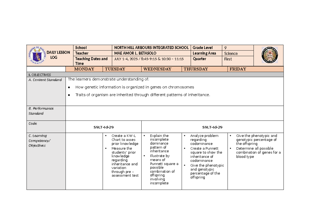 DLL Week 3 Science: Heredity, Inheritance & Variation Notes - Studocu