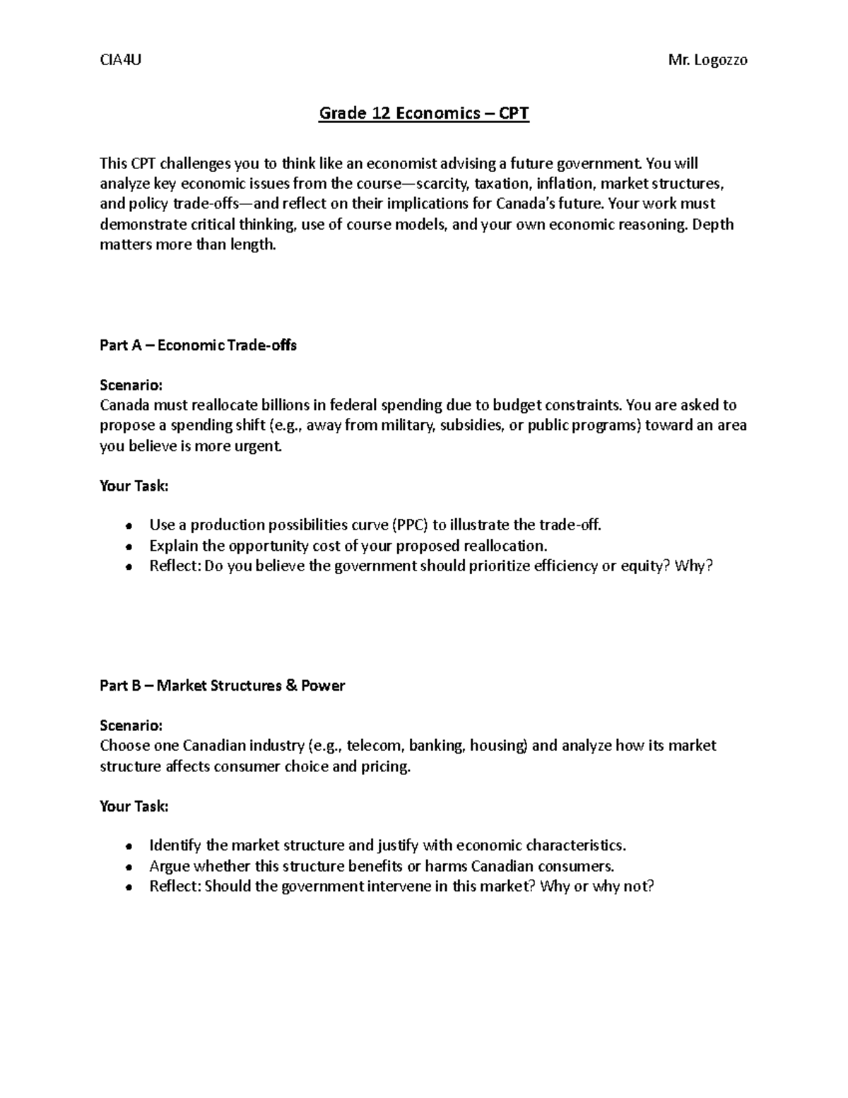 CIA4U - Grade 12 Economics CPT: Analyzing Economic Issues - Studocu