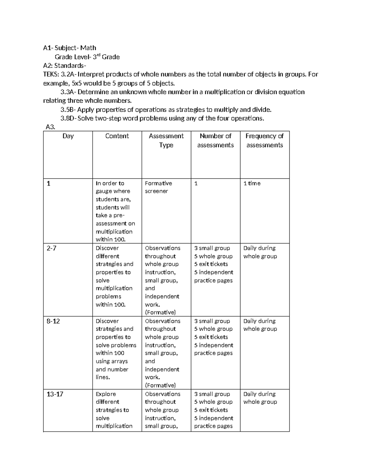 Math Grade 3 A2: Multiplication Strategies & Assessments Overview - Studocu
