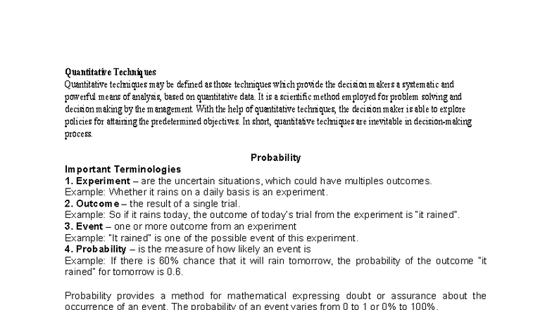 Quantitative Techniques: Understanding Probability and Decision Making - Studocu