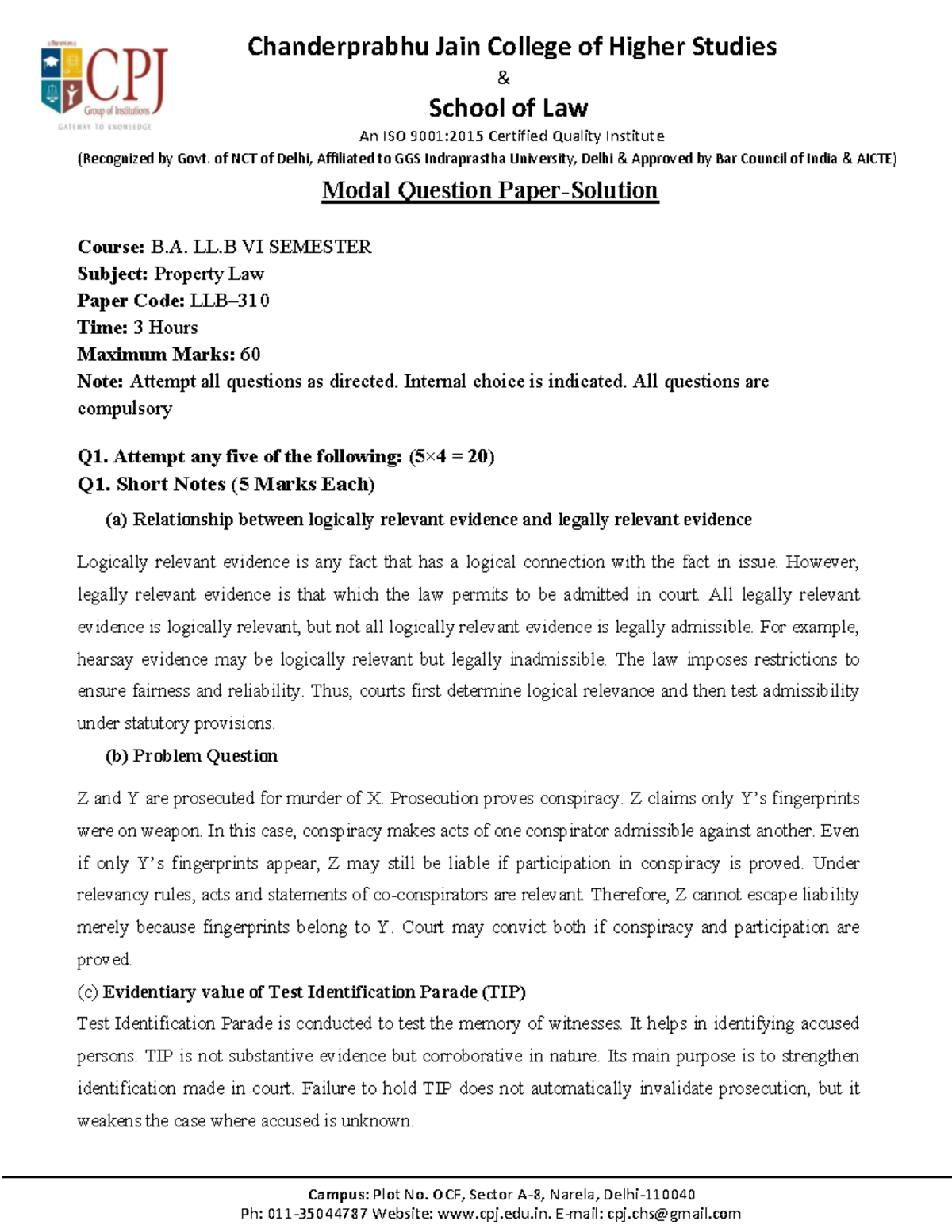 Modal Question Paper: B.A. LL.B VI Sem - Property Law (June 2025) - Studocu