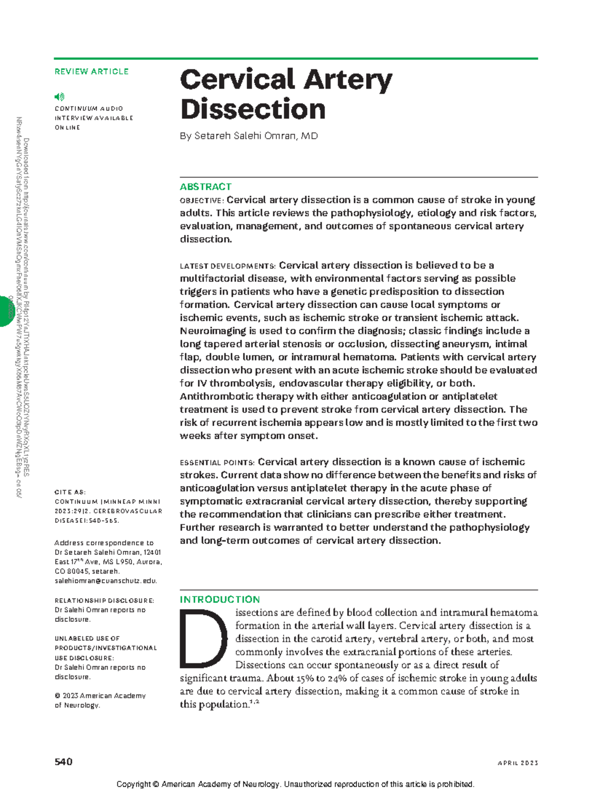 CERVICAL ARTERY DISSECTION: PATHOPHYSIOLOGY & MANAGEMENT Review Essay ...