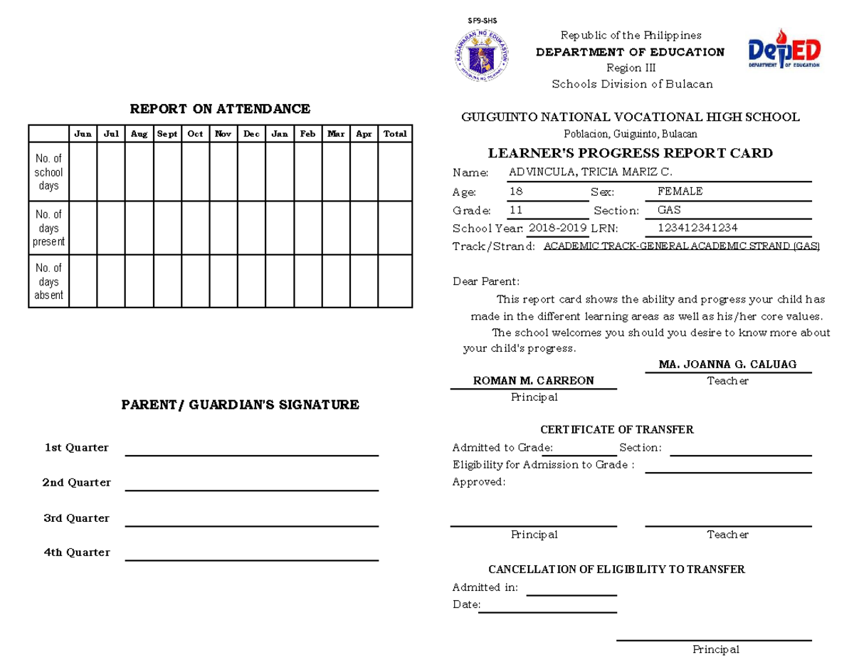 SHS Report Card (Grade 11) - Academic Track & Observed Values - Studocu