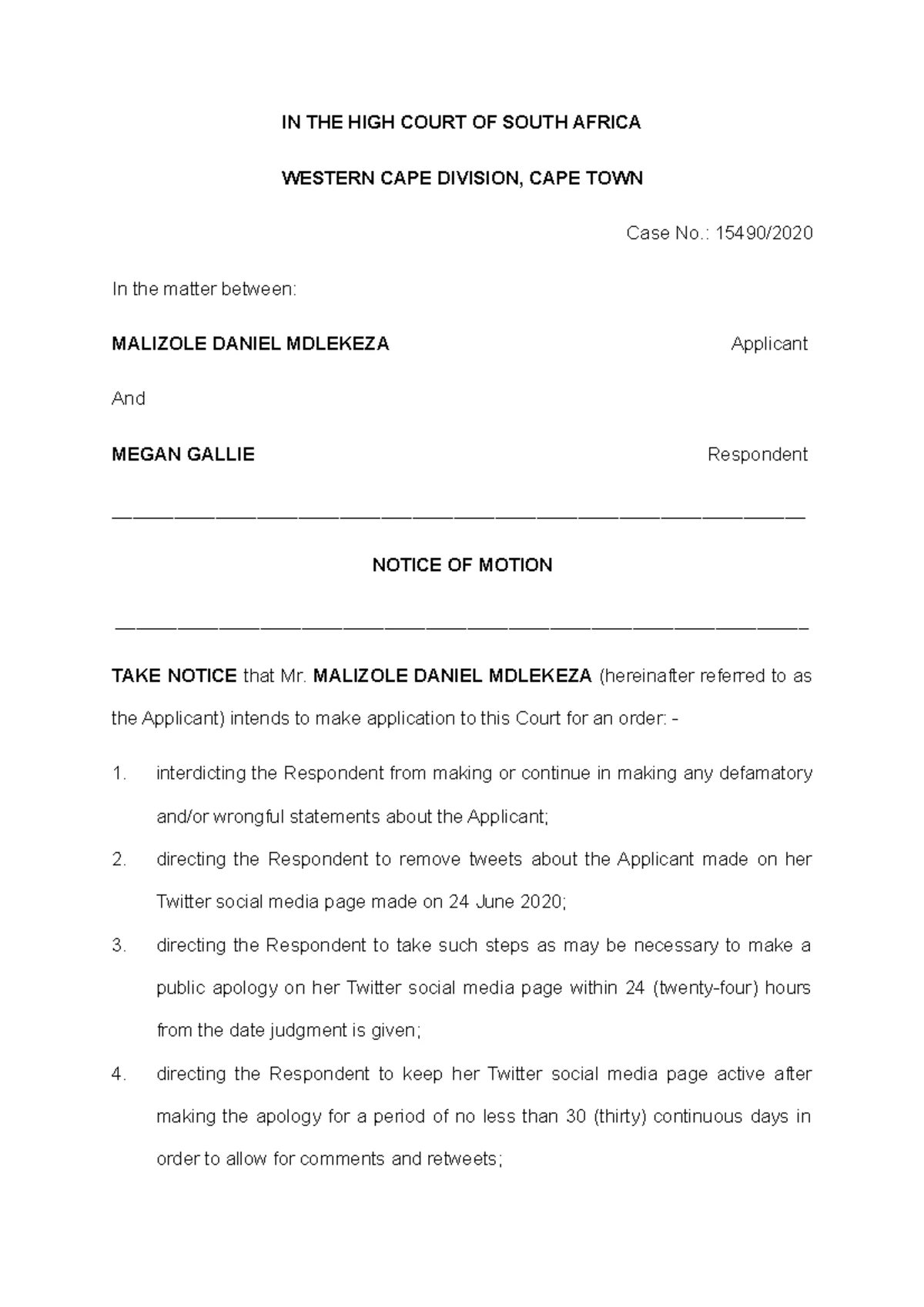 Application to Set Aside an irregular step Rule 60A - IN THE ...