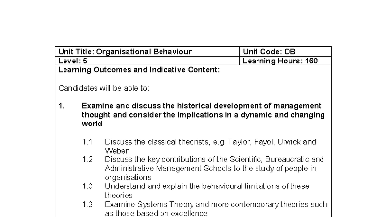 Organisational Behaviour Unit OB Level 5 Learning Outcomes Overview ...