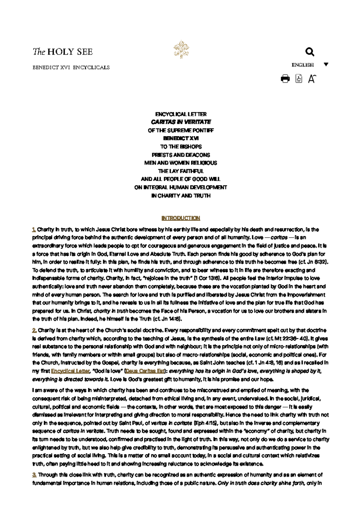 Caritas in Veritate: Encyclical Letter of Pope Benedict XVI on Human ...