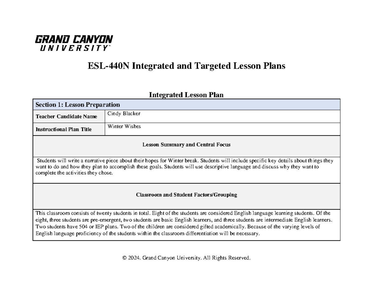 ESL440 T7 Integrated Lesson Plan: Winter Wishes Narrative Writing - Studocu