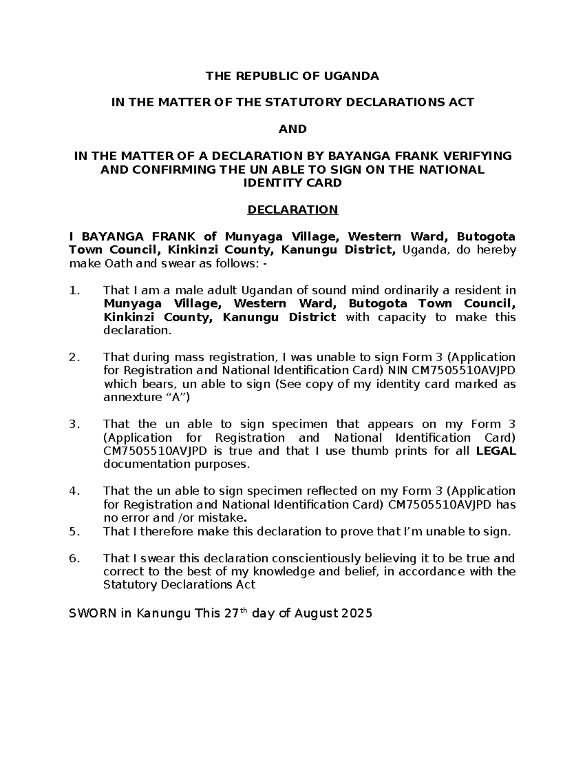 Bayanga Frank - Statutory Declaration Under the Statutory Declarations Act - Studocu