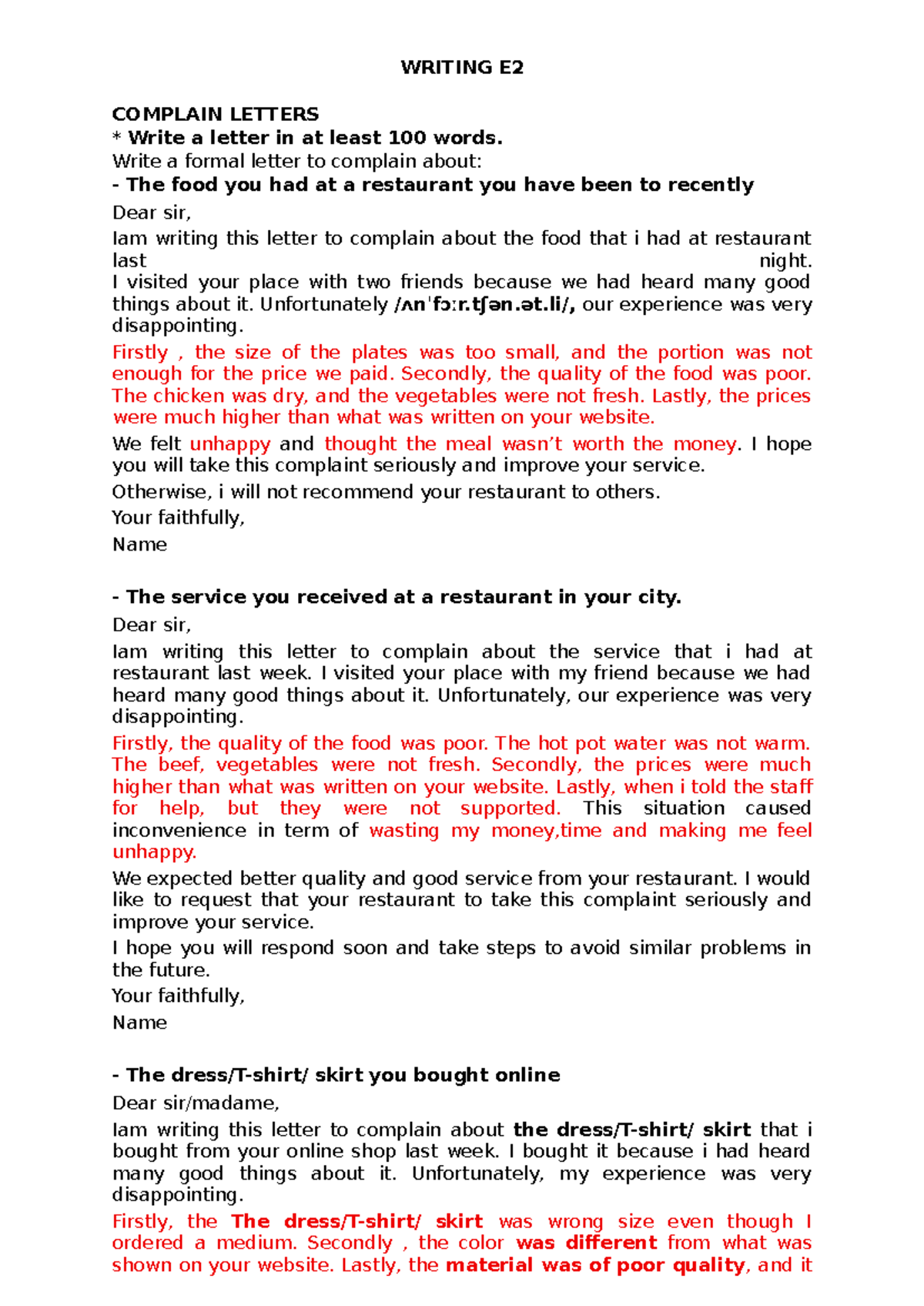 WRITING E2 COMPLAINT LETTERS: Formal Letter Examples - Studocu