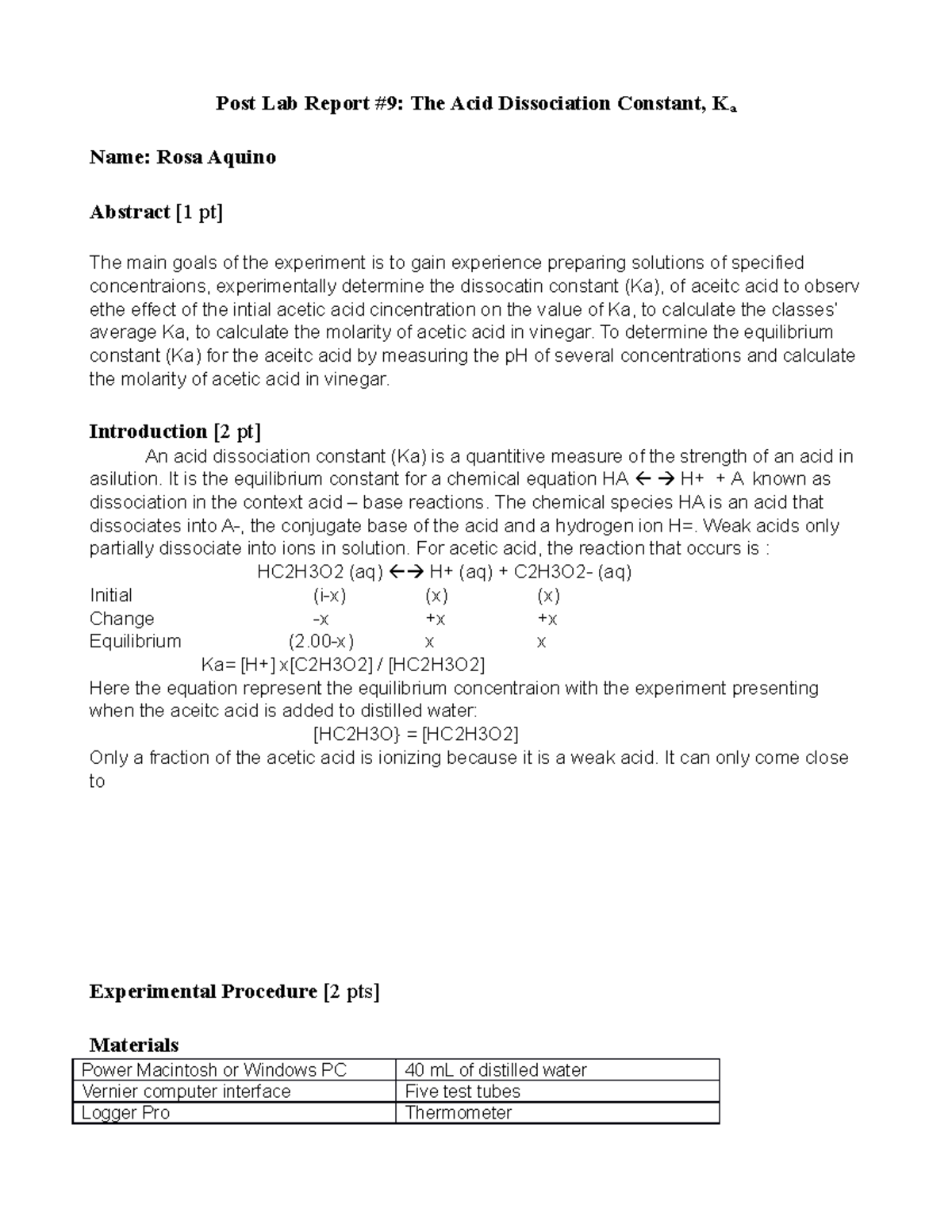 Post Lab Report 9: Determining Acid Dissociation Constant (Ka) - Studocu