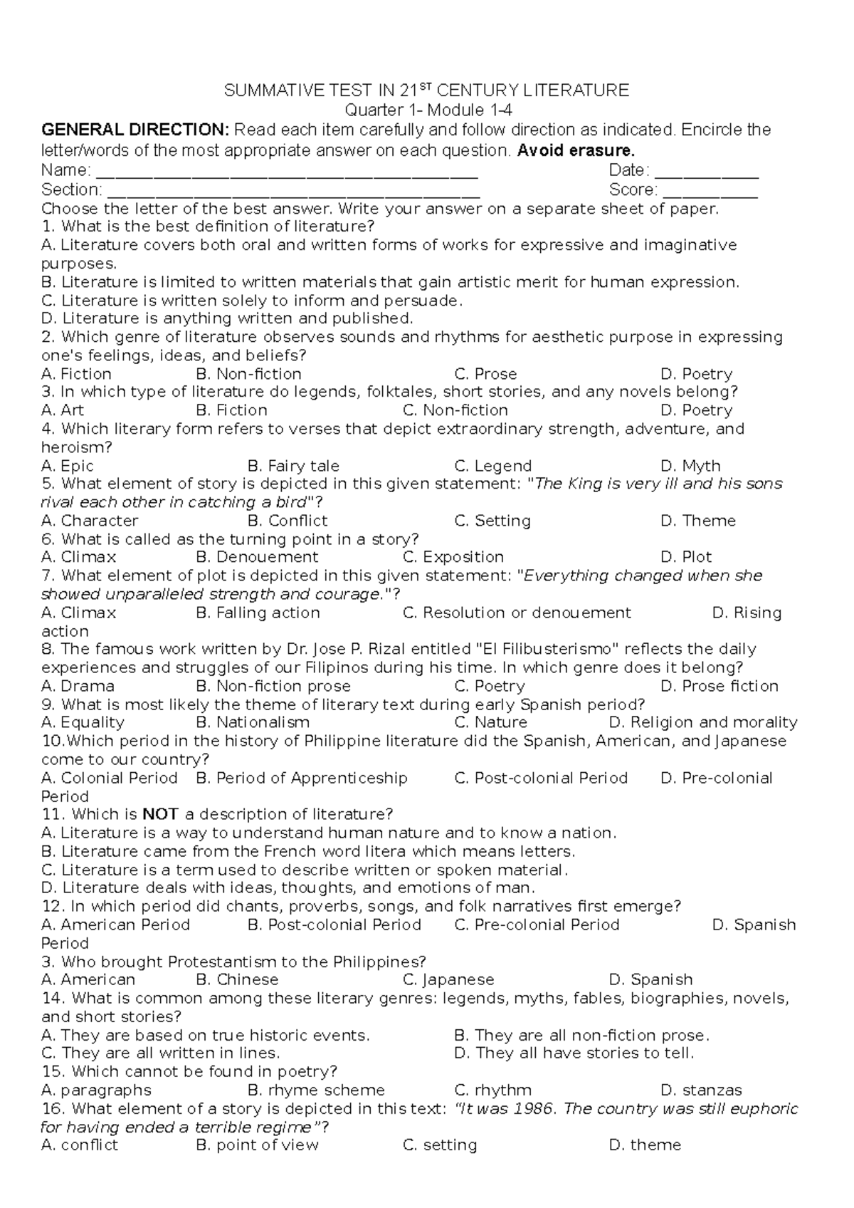 Summative Assessment: TEST IN 21ST Century Literature - Studocu
