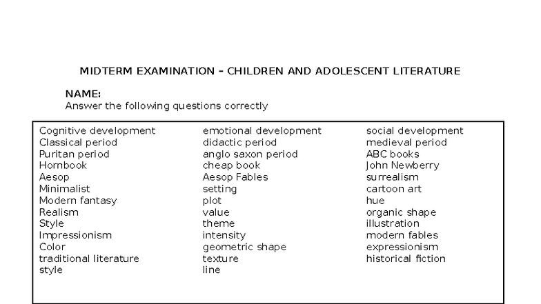 MIDTERM EXAM CHILDREN AND ADOLESCENT LITERATURE - Studocu