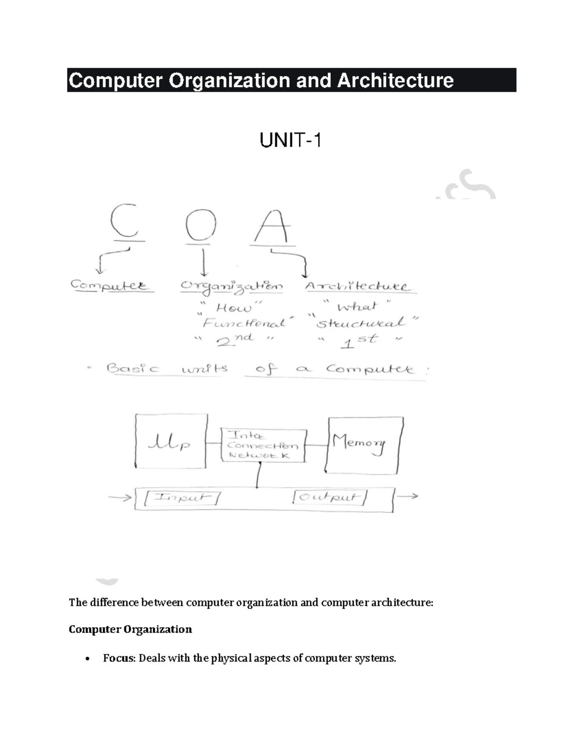 Computer Organization and Architecture - ####### Components: Involves the arrangement and - Studocu