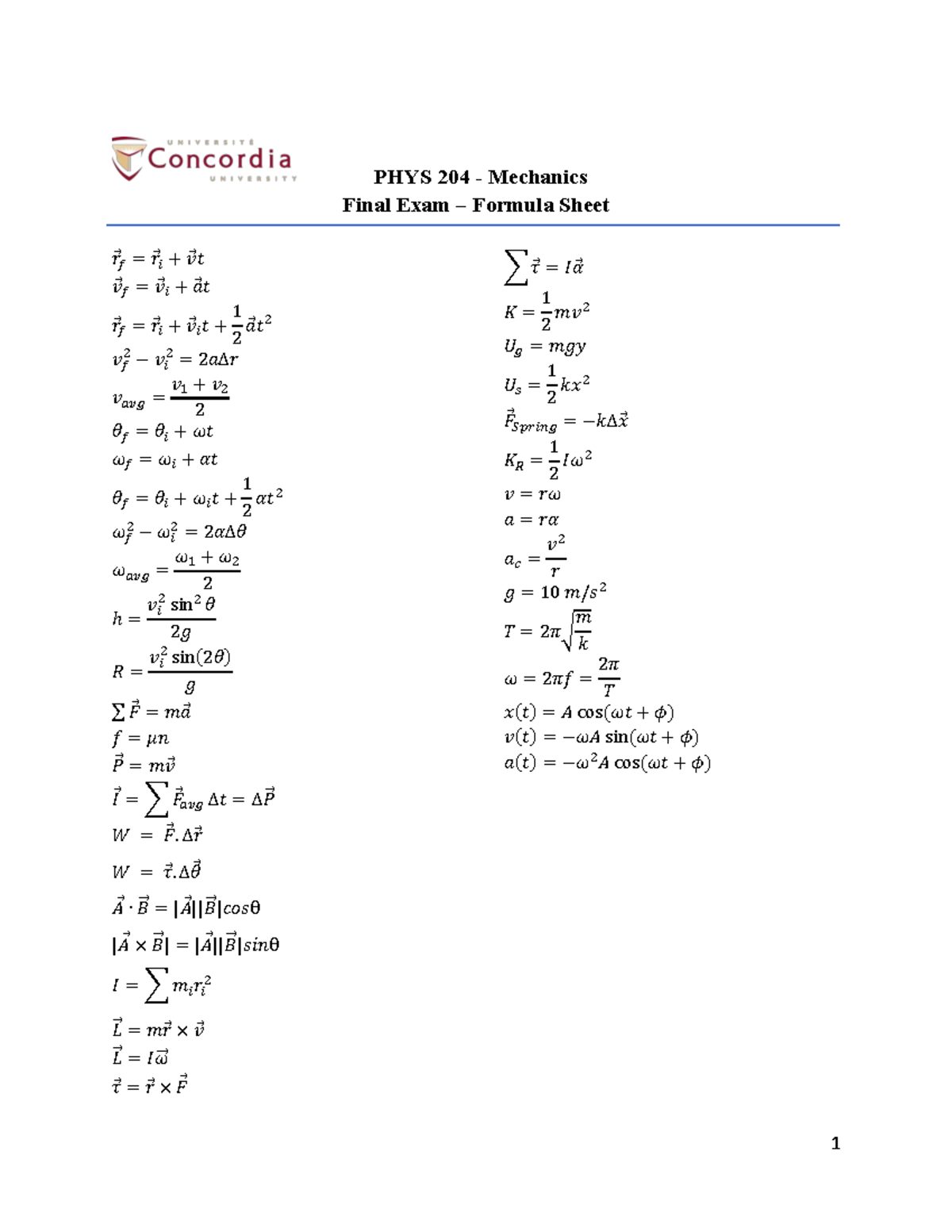 PHYS 204 Mechanics Final Exam Formula Sheet - Studocu