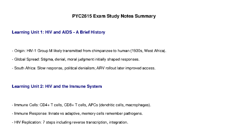 PYC2615 Final Exam Study Notes: Comprehensive Overview of HIV/AIDS ...