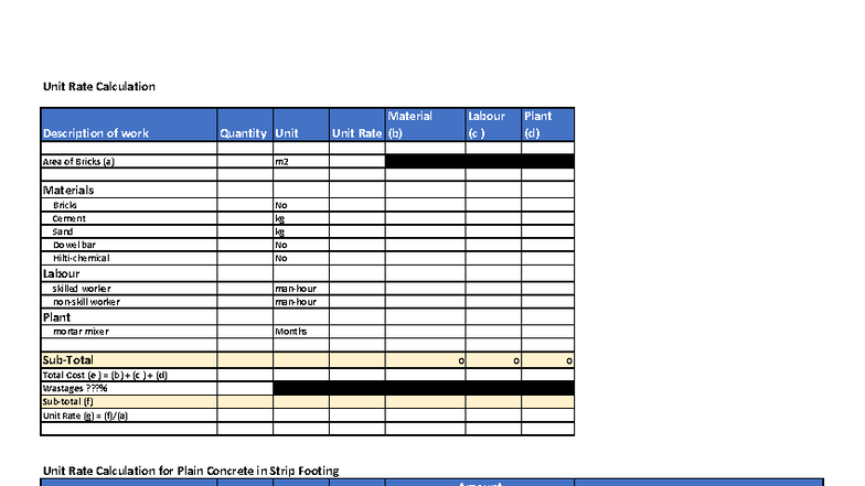 Unit Rate Calculation for Construction Materials and Labour - Studocu