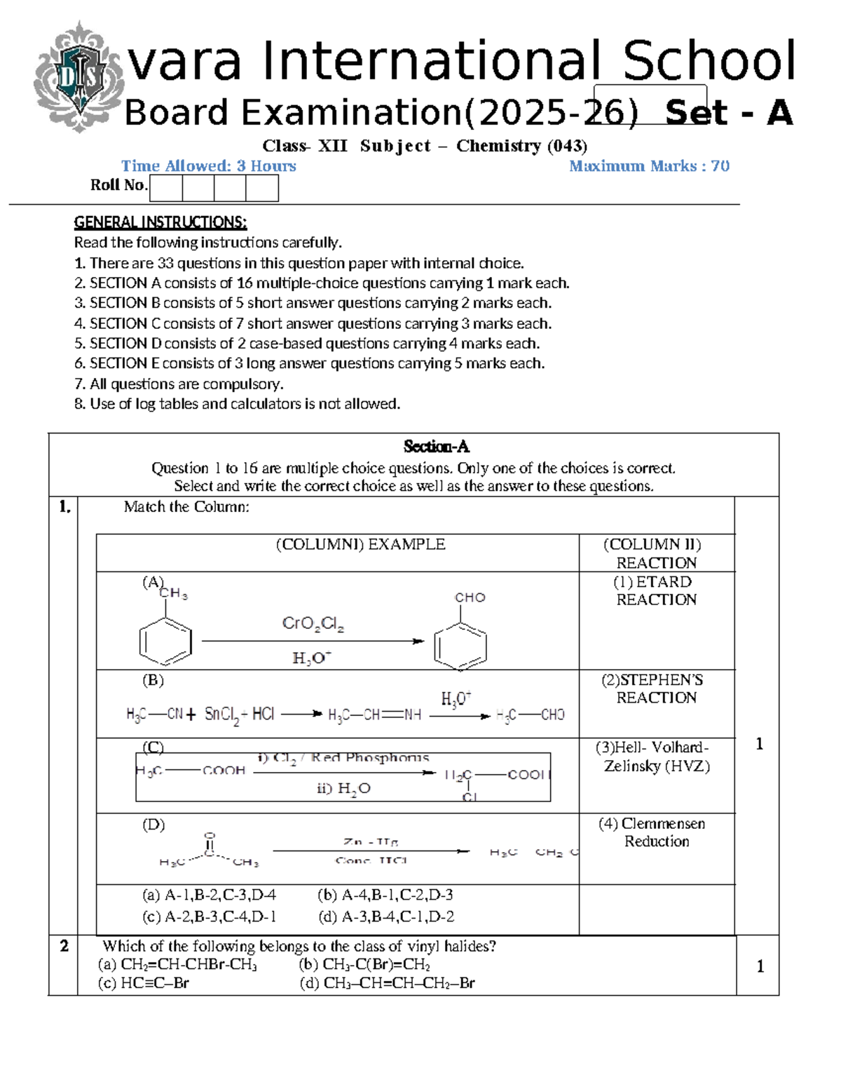 Pre Board Exam Set A for Class 12 Chemistry (043) - 3 Hours - Studocu
