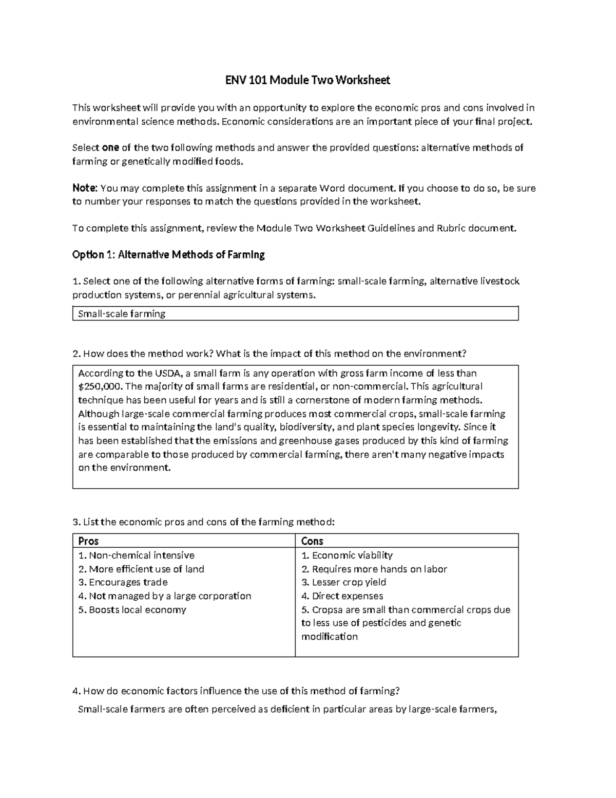 ENV 101 Module 2 Worksheet: Economic Impacts of Farming Methods - Studocu