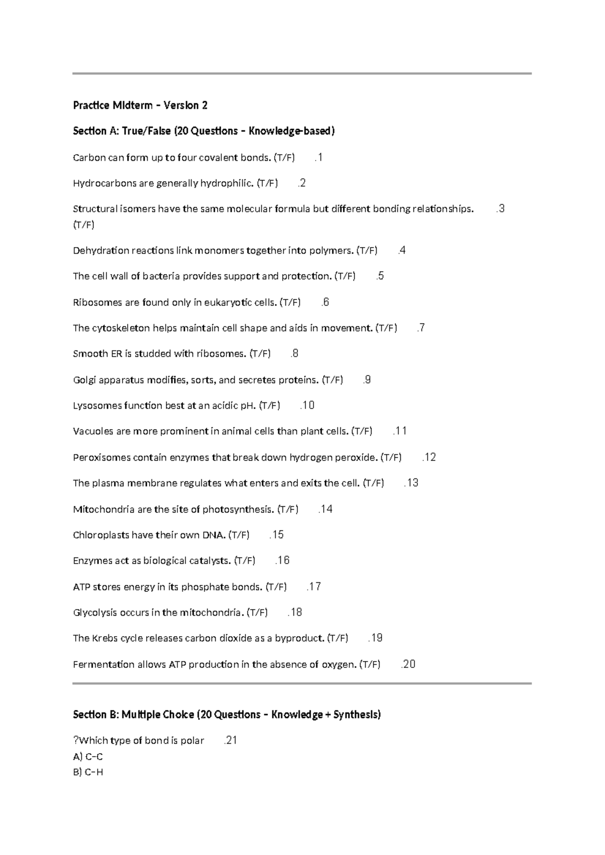 Practice Midterm Exam (BIO101) - Version 2 with Key Answers - Studocu