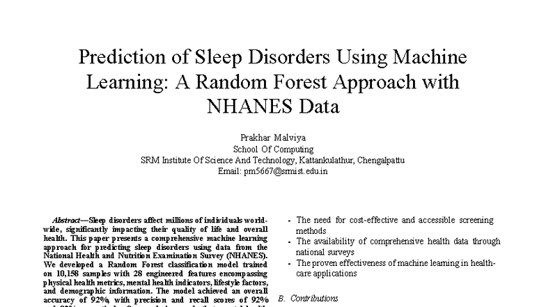 Prediction of Sleep Disorders Using ML: Random Forest with NHANES Data - Studocu