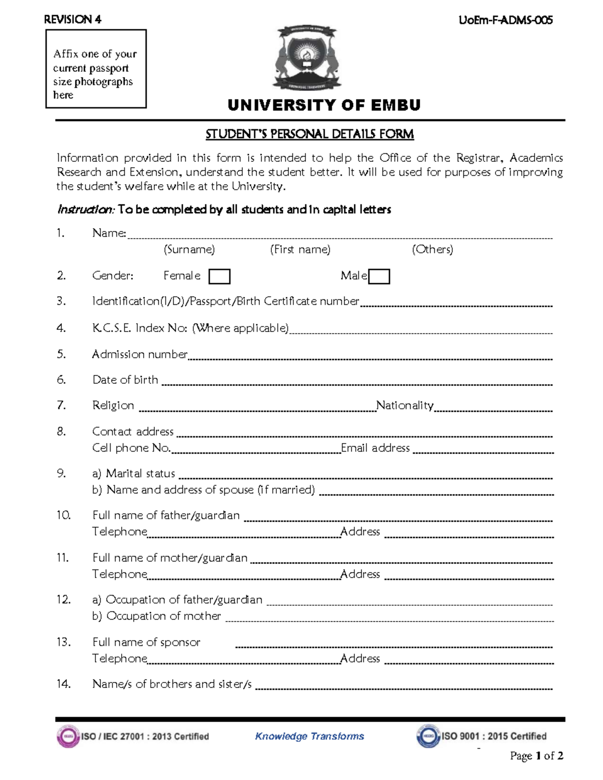 UoEm-F-ADMS-005 Students' Personal Details Form (Revision 4) - Studocu