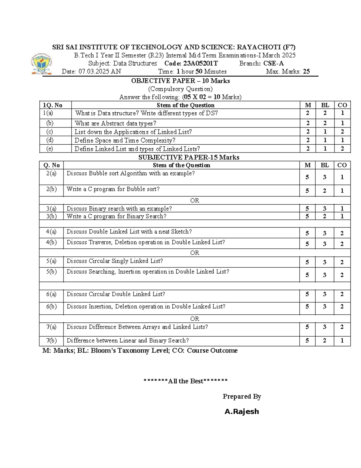 B.Tech I Year II Sem (R23) Mid Term Exam: Data Structures (F7) - Studocu