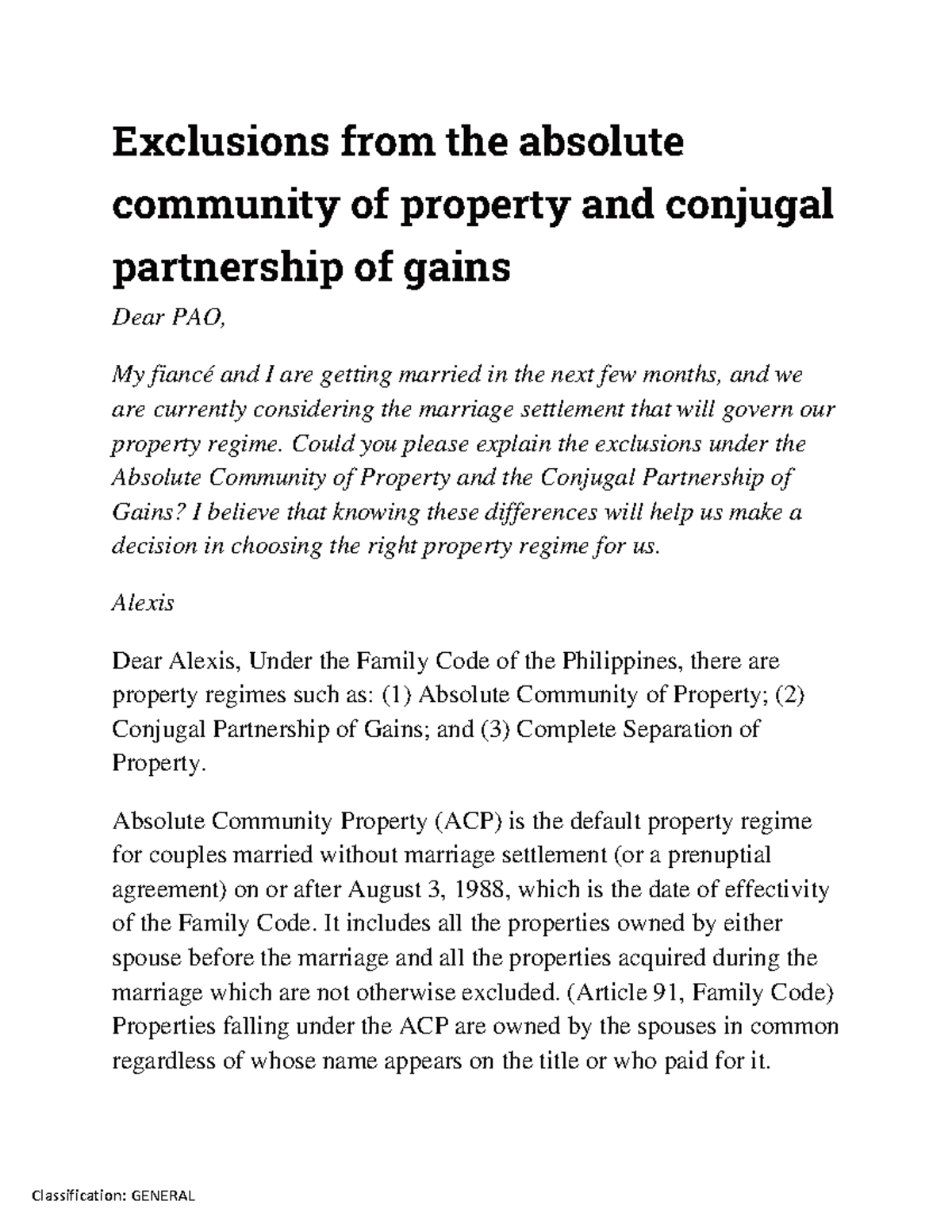 Exclusions in Absolute Community & Conjugal Partnership of Gains - Studocu