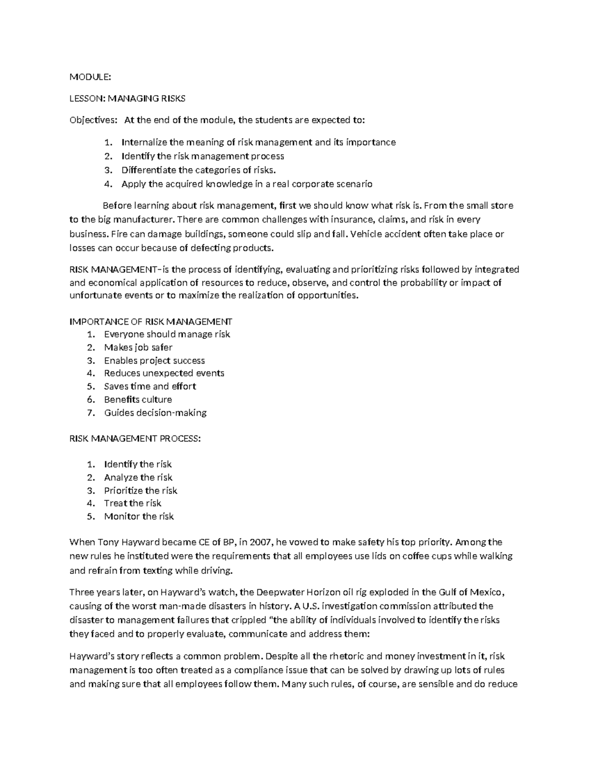 Module RISK-MGMT 2: Lesson on Managing Risks and Their Importance - Studocu