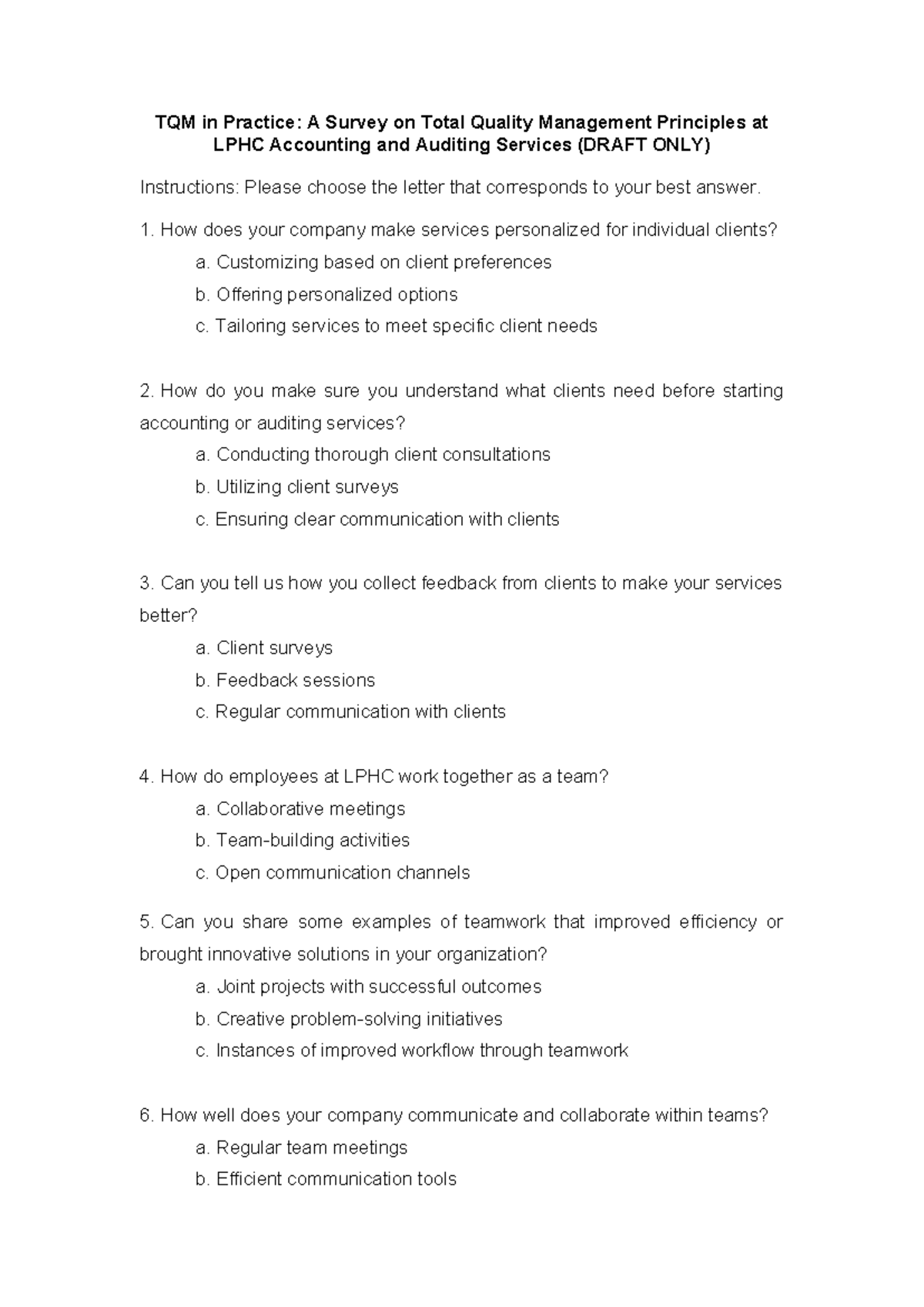 TQM-D1: Survey on Total Quality Management at LPHC Services - Studocu