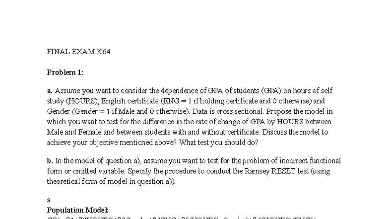 FINAL EXAM K64: GPA Analysis and Ramsey RESET Test - Studocu