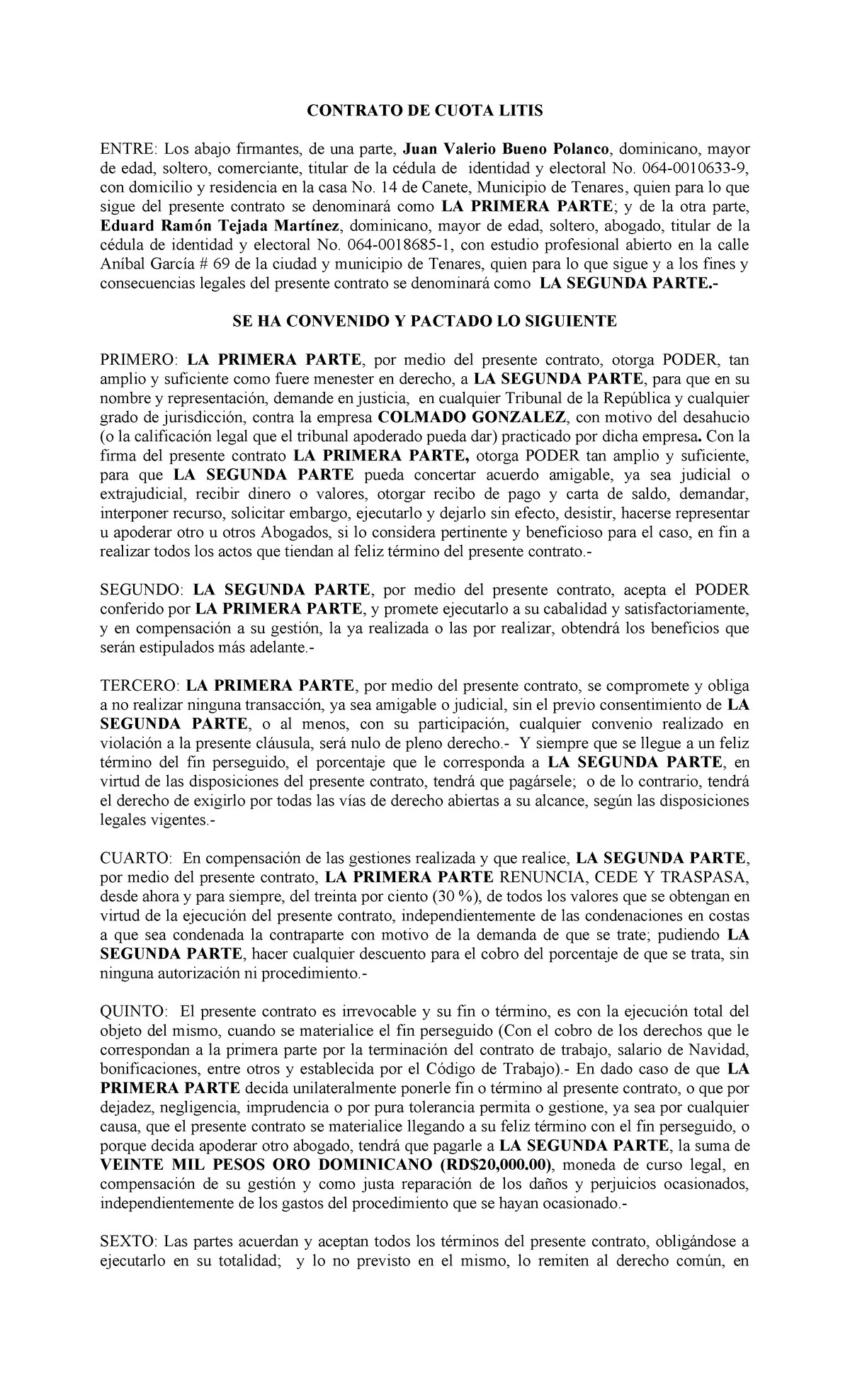Contrato de Cuota Litis entre Juan Valerio y Eduard Ramón - Studocu