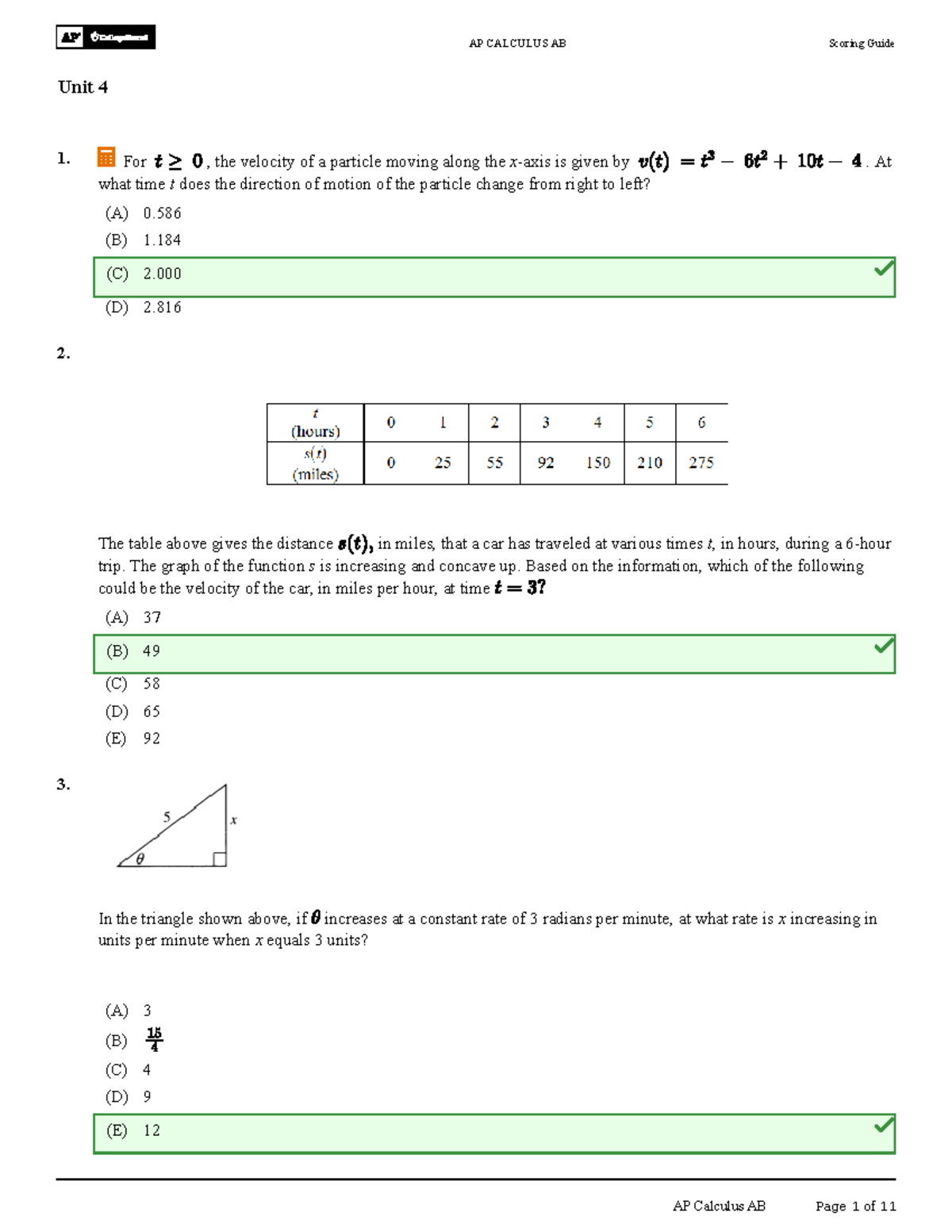 AP CALCULUS AB Unit 4 Scoring Guide: Contextual Applications of ...