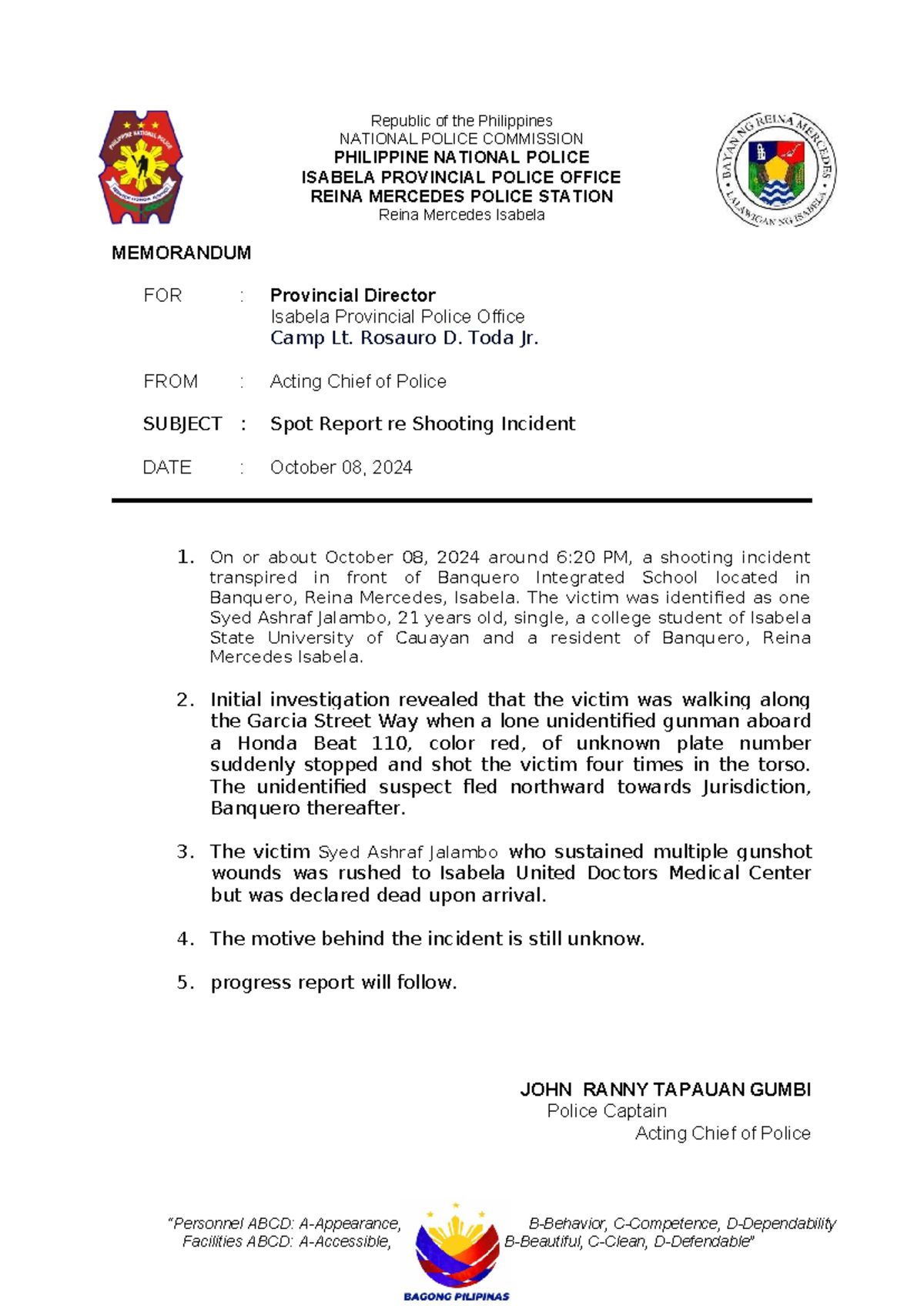 PT2-Gumbi - police report - Republic of the Philippines NATIONAL POLICE ...