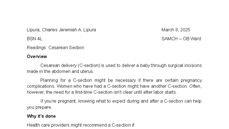 BSN 4L SAMCH OB Ward Readings: Cesarean Section Overview - Studocu