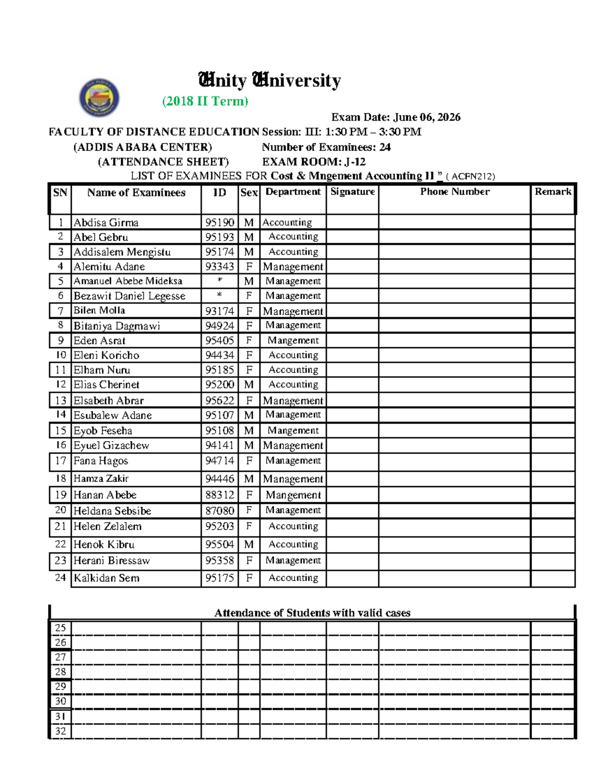 Attendance Sheet for Cost Management Accounting II (ACFN212) Exam - Studocu