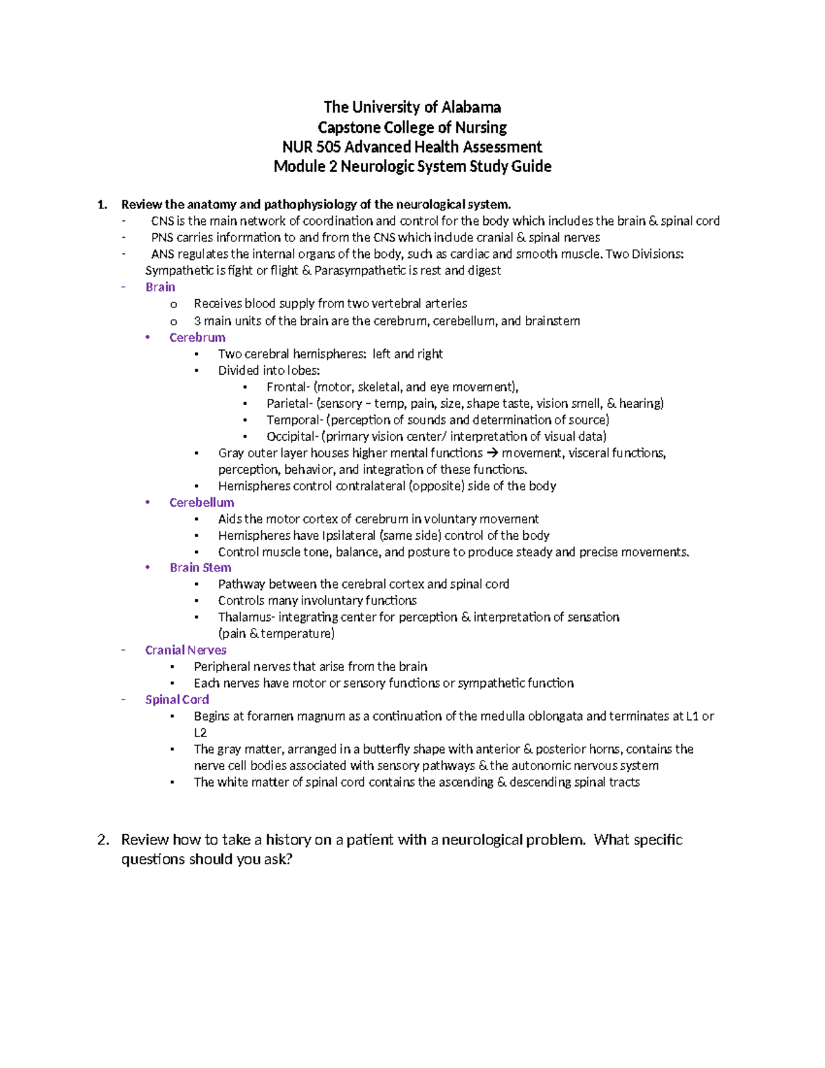 NUR 505 Module 2 Study Guide - The University of Alabama Capstone ...