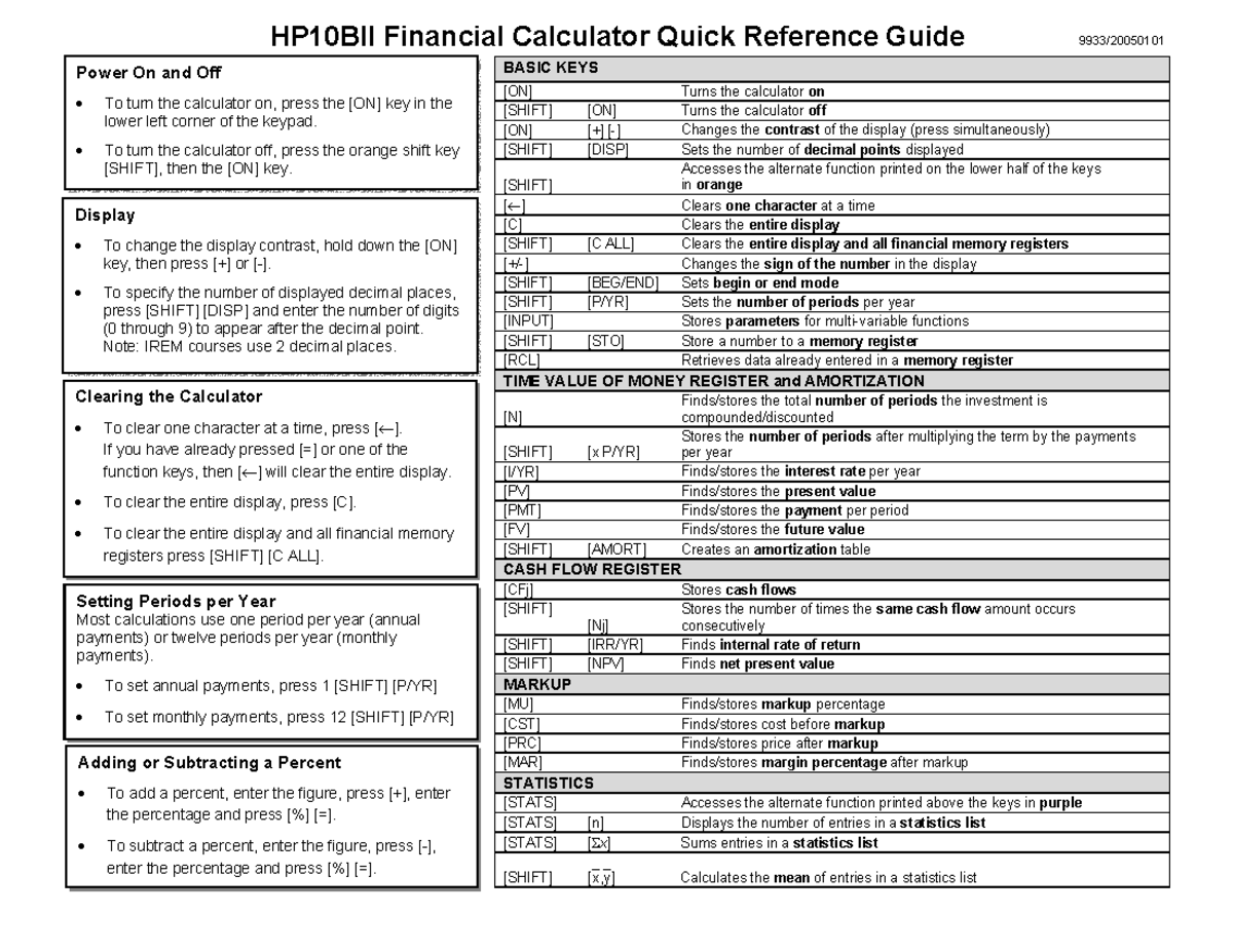 HP10BII Financial Calculator: Quick Reference Guide for Users - Studocu
