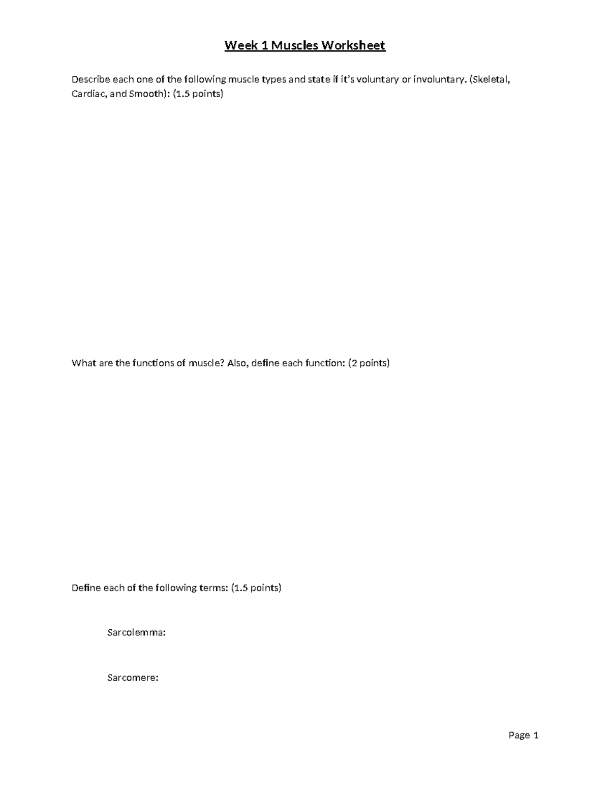 week 1 muscles worksheet for anatomy - Describe each one of the ...