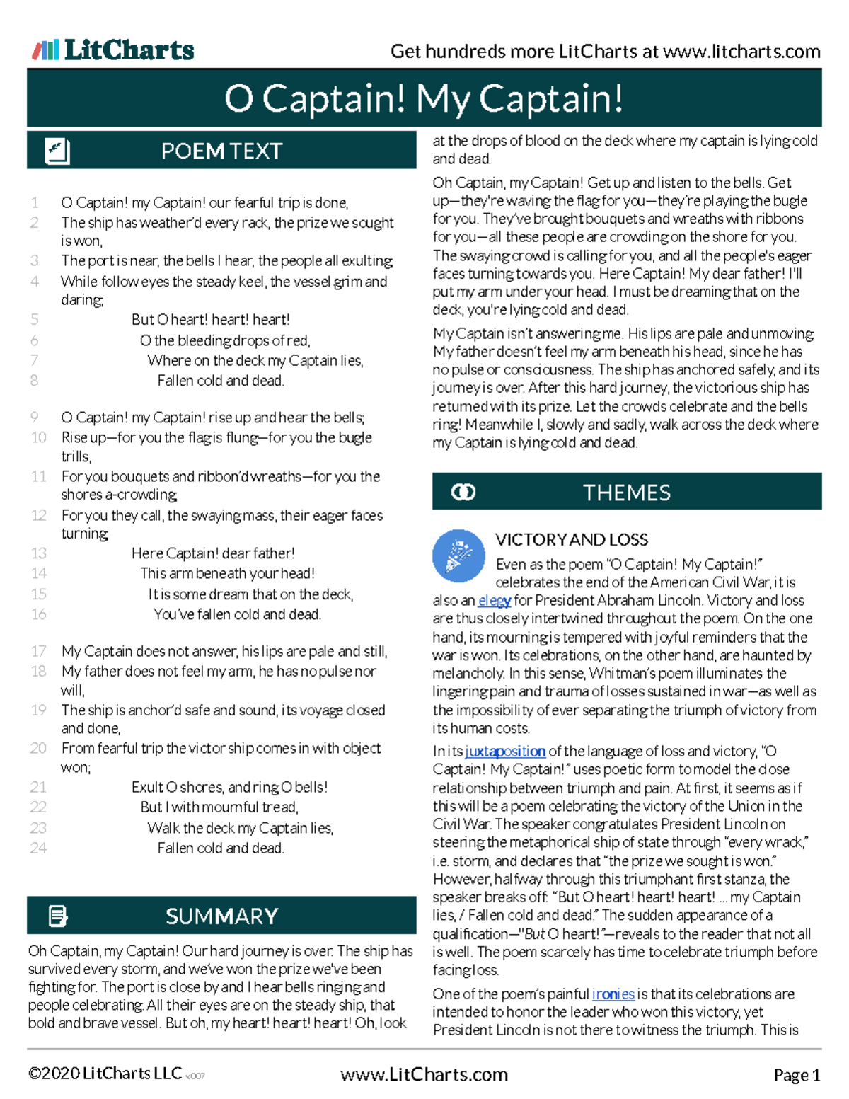 LitCharts Analysis of "O Captain! My Captain!" (POEM) - Studocu