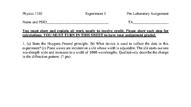 Physics 1102 Experiment 3: Pre-Lab Assignment on Diffraction - Studocu