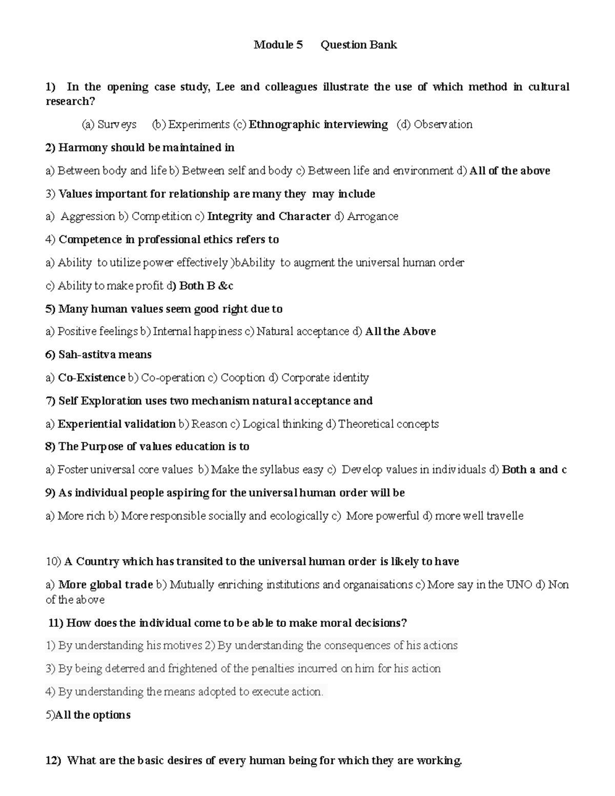 Module 5 MCQ Question Bank on Values Education - Studocu