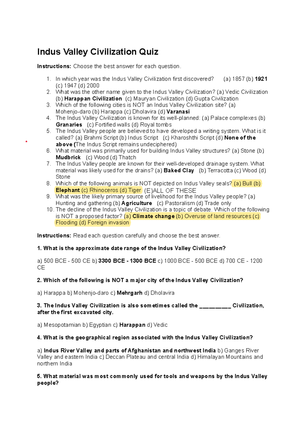 Indus Valley Civilization Quiz - CUET GK History Notes - Studocu