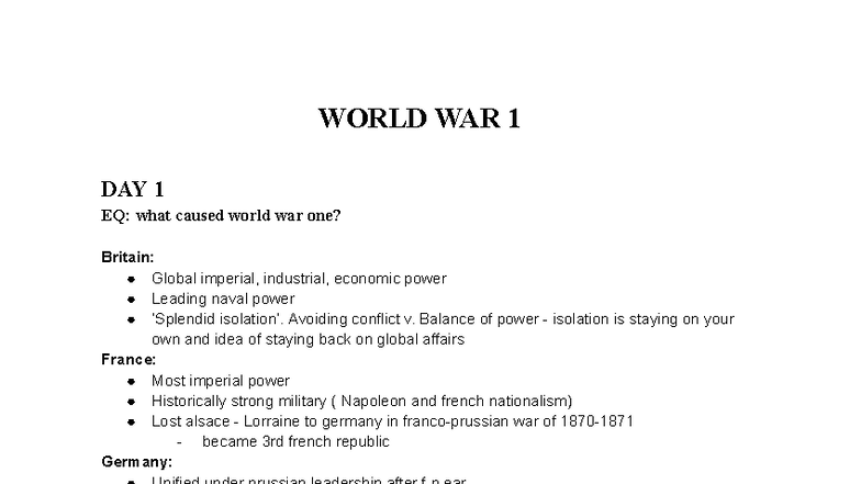 WW1 Notes: Causes, Key Events, and Consequences of the Great War - Studocu