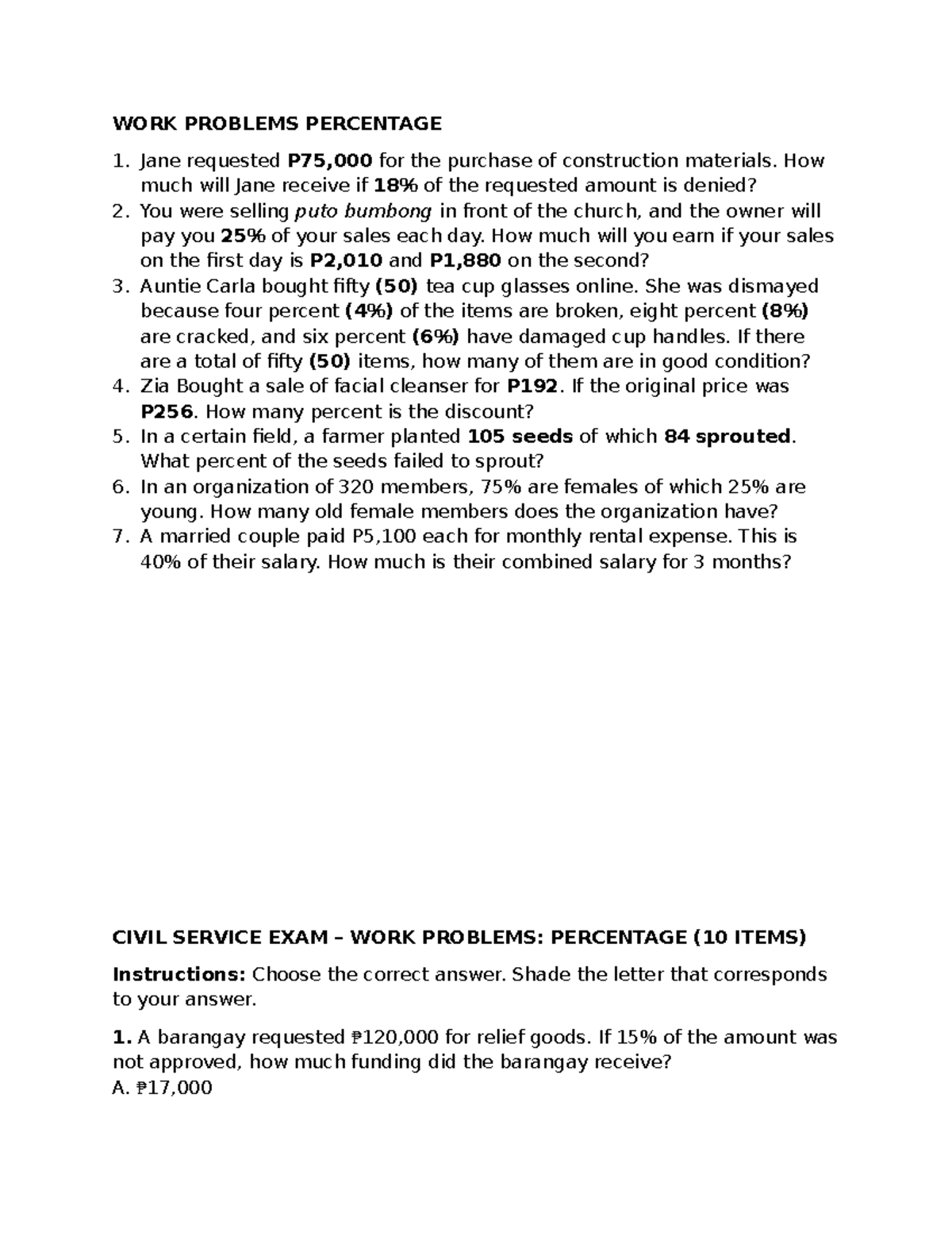 CIVIL SERVICE EXAM WORK PROBLEMS: PERCENTAGE (10 ITEMS) - Studocu