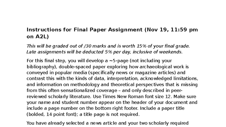 Final Paper Instructions for Archaeology Course (A2L) - Studocu
