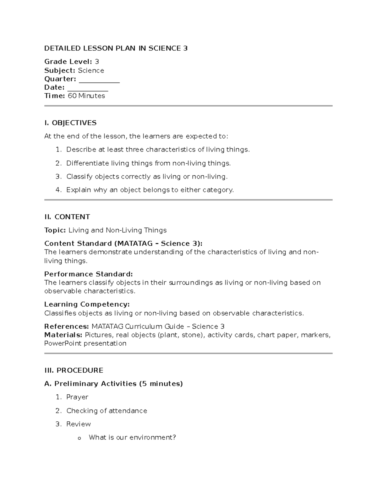 Detailed Lesson Plan: Living and Non-Living Things (Science 3) - Studocu